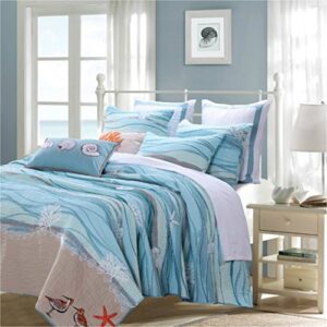 blue /turquoise / teal ocean waves with sea shells & corals print quilt set for beach theme bedroom – 3 pieces, full / queen size