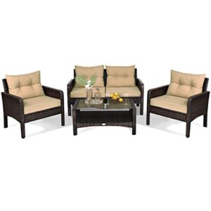 happygrill 4-piece patio furniture set outdoor rattan wicker sofa set with cushions & coffee table, conversation sofa set with tempered glass table top and storage shelf