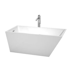 hannah 59 inch freestanding bathtub in white with floor mounted faucet, drain and overflow trim in polished chrome