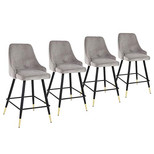 Bar Stools Set of 4 - 25.5” Velvet Barstools Bar Chairs, Modern Counter Height Stools with Back and Footrest,Countertop Kitchen Island Stools Chair with Black Metal Base for Kitchen Counter Bar, Grey