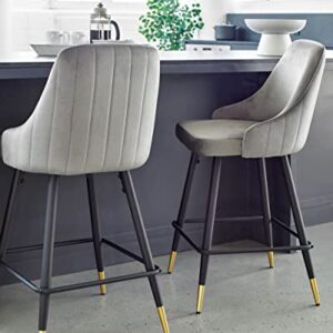 Bar Stools Set of 4 - 25.5” Velvet Barstools Bar Chairs, Modern Counter Height Stools with Back and Footrest,Countertop Kitchen Island Stools Chair with Black Metal Base for Kitchen Counter Bar, Grey