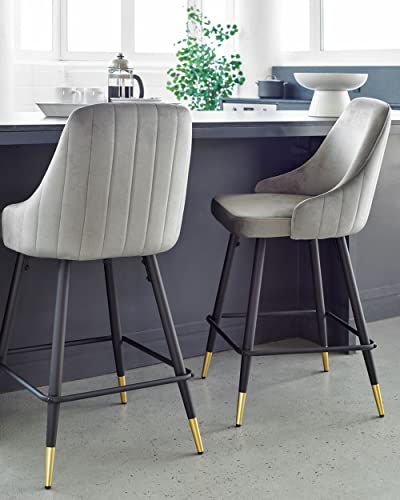 Bar Stools Set of 4 - 25.5” Velvet Barstools Bar Chairs, Modern Counter Height Stools with Back and Footrest,Countertop Kitchen Island Stools Chair with Black Metal Base for Kitchen Counter Bar, Grey