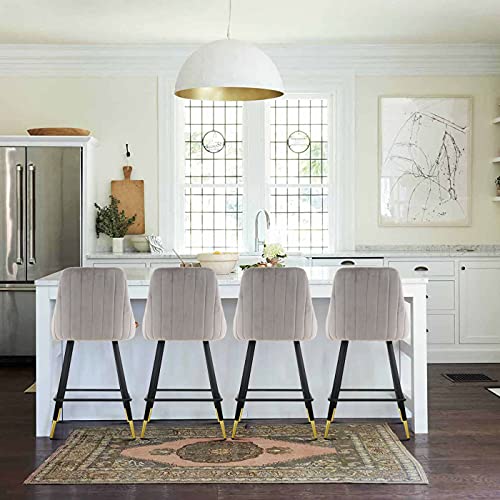 Bar Stools Set of 4 - 25.5” Velvet Barstools Bar Chairs, Modern Counter Height Stools with Back and Footrest,Countertop Kitchen Island Stools Chair with Black Metal Base for Kitchen Counter Bar, Grey