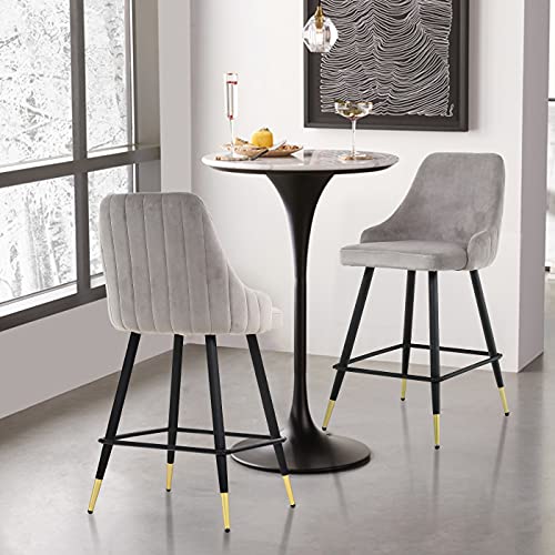 Bar Stools Set of 4 - 25.5” Velvet Barstools Bar Chairs, Modern Counter Height Stools with Back and Footrest,Countertop Kitchen Island Stools Chair with Black Metal Base for Kitchen Counter Bar, Grey