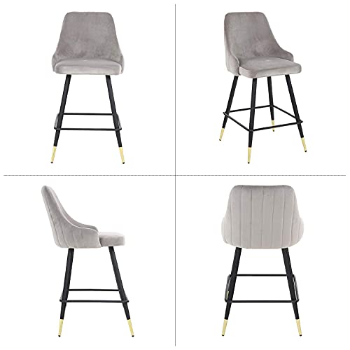 Bar Stools Set of 4 - 25.5” Velvet Barstools Bar Chairs, Modern Counter Height Stools with Back and Footrest,Countertop Kitchen Island Stools Chair with Black Metal Base for Kitchen Counter Bar, Grey