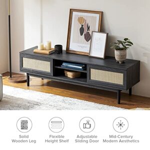 mopio Haylee Farmhouse Rattan 59" TV Stand, 100% Natural for 55/60 inch TV, Modern Farmhouse Boho with Rattan Sliding Doors, Adjustable Shelves, Includes Leveler (Charcoal)