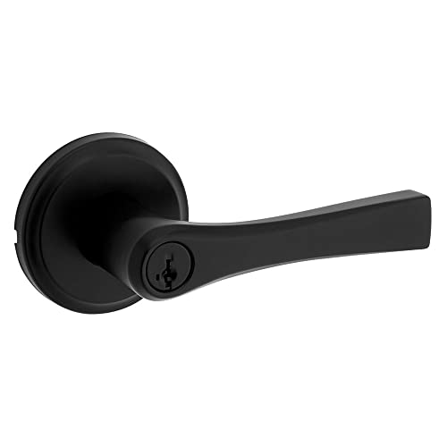 Kwikset Katella Keyed Entry Lever with Round Rose featuring SmartKey Security in Matte Black, 97402-922