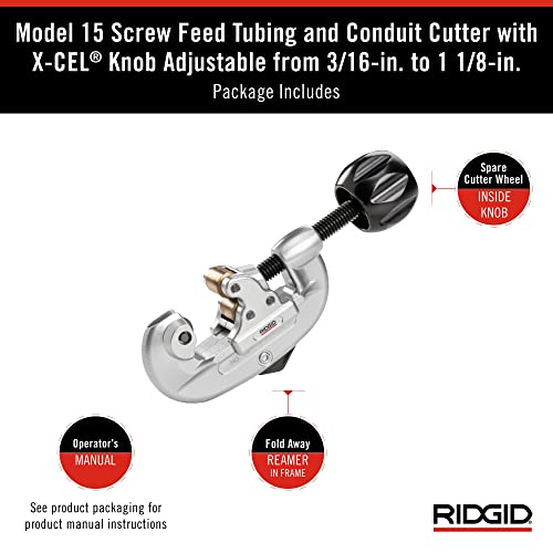 RIDGID 32920 Model 15 Screw Feed 3/16" to 1-1/8" Tubing and Conduit Cutter with X-CEL Knob, Silver