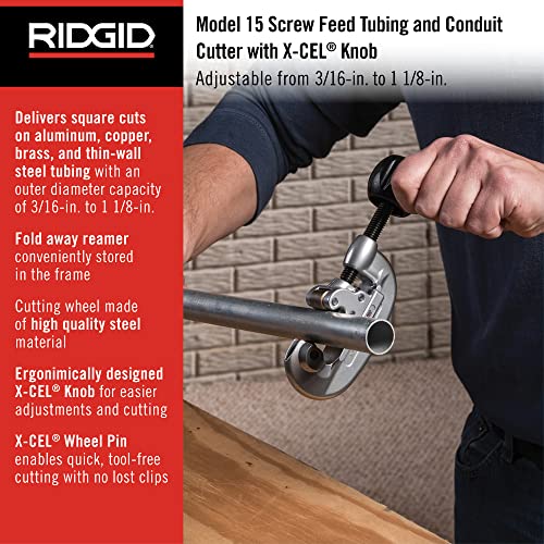 RIDGID 32920 Model 15 Screw Feed 3/16" to 1-1/8" Tubing and Conduit Cutter with X-CEL Knob, Silver