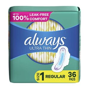 always ultra thin feminine pads for women, size 1 regular absorbency, multipack, with wings, unscented, 36 count x 2 packs (72 count total)