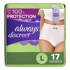 always discreet, incontinence & postpartum underwear for women, classic cut, size large, maximum absorbency, disposable, 17 count