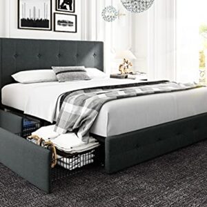 HOOMIC Queen Upholstered Platform Bed Frame with 4 Storage Drawers, Wooden Slats Support, Adjustable High Headboard with Square Stitched Button Tufted Design, No Box Spring Needed,Dark Grey