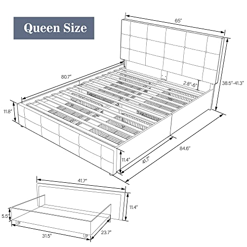 HOOMIC Queen Upholstered Platform Bed Frame with 4 Storage Drawers, Wooden Slats Support, Adjustable High Headboard with Square Stitched Button Tufted Design, No Box Spring Needed,Dark Grey