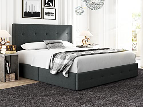 HOOMIC Queen Upholstered Platform Bed Frame with 4 Storage Drawers, Wooden Slats Support, Adjustable High Headboard with Square Stitched Button Tufted Design, No Box Spring Needed,Dark Grey