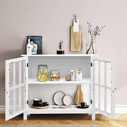 Tangkula Sideboard Buffet Storage Cabinet, Kitchen Storage Cabinet with 2 Glass Doors, Liquor Cabinet for Home Kitchen Dining Room, Cupboard Console Table, Curio Cabinet (White)