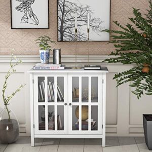 Tangkula Sideboard Buffet Storage Cabinet, Kitchen Storage Cabinet with 2 Glass Doors, Liquor Cabinet for Home Kitchen Dining Room, Cupboard Console Table, Curio Cabinet (White)