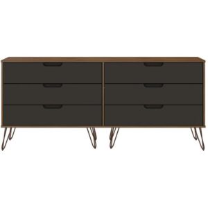 manhattan comfort rockefeller mid century 6-drawer double low dresser with metal legs, nature and textured grey