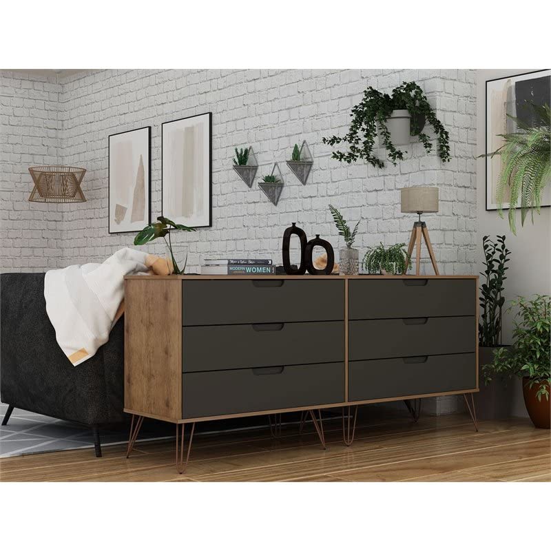 Manhattan Comfort Rockefeller Mid Century 6-Drawer Double Low Dresser with Metal Legs, Nature and Textured Grey