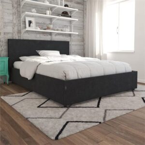 Novogratz Kelly Upholstered Bed with Underbed Storage Drawers and Clean Lined Headboard, Queen, Dark Gray Linen