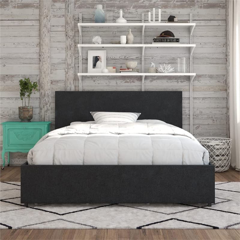 Novogratz Kelly Upholstered Bed with Underbed Storage Drawers and Clean Lined Headboard, Queen, Dark Gray Linen