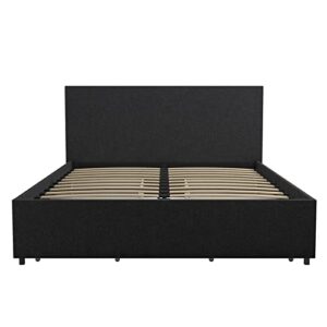 Novogratz Kelly Upholstered Bed with Underbed Storage Drawers and Clean Lined Headboard, Queen, Dark Gray Linen