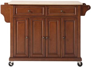 crosley furniture full size kitchen cart with natural wood top, cherry