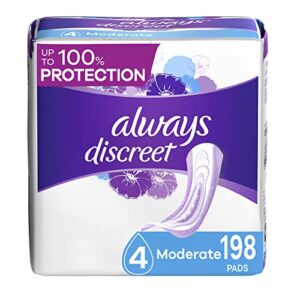 always discreet, incontinence & postpartum pads for women, size 4, moderate absorbency, regular length, 66 count x 3 packs (198 count total)