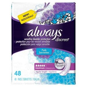 discreet, incontinence pads, maximum, regular length, 48 count by always