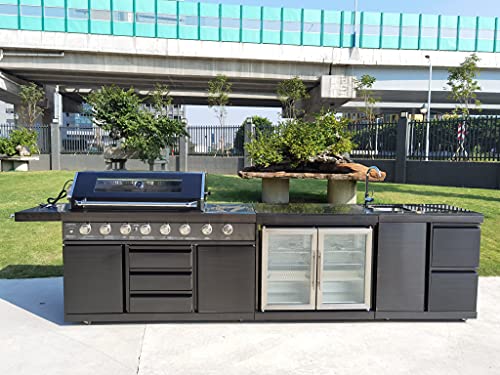 Modular 3 Piece Island Electric and Propane or Natural Gas BBQ Outdoor Black Stainless Steel Grill Kitchen with Double Wine Refrigerator, Sink, Rotisserie, Black Marble Top and FREE Protective Canvas Cover