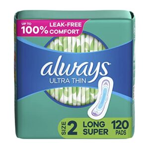 always ultra thin, feminine pads for women, size 2 long super absorbency, multipack, without wings, unscented, 40 count x 3 pack (120 count total)