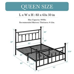 HOOMIC Queen Size Metal Platform Bed Frame / Victorian Style Iron-Art Headboard and Footboard / 14 Inches Mattress Foundation for Storage / No Box Spring Needed / Easy Assembly / Black