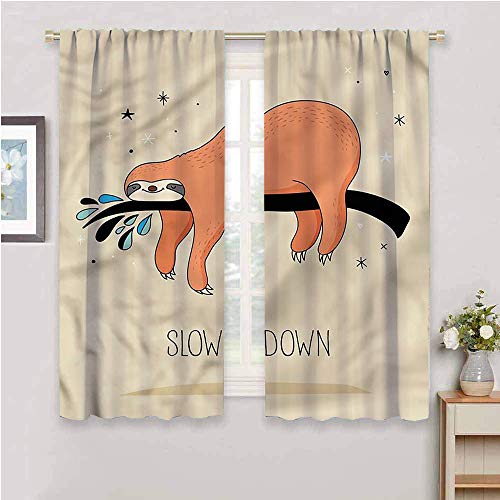 Animal Room Darkened Heat Insulation Curtain, Curtains 63 inch Length Sleepy Sloth Cartoon Protective Furniture W63 x L63 Inch