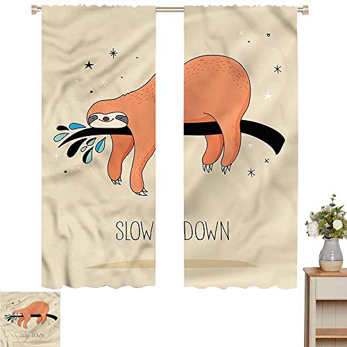 Animal Room Darkened Heat Insulation Curtain, Curtains 63 inch Length Sleepy Sloth Cartoon Protective Furniture W63 x L63 Inch