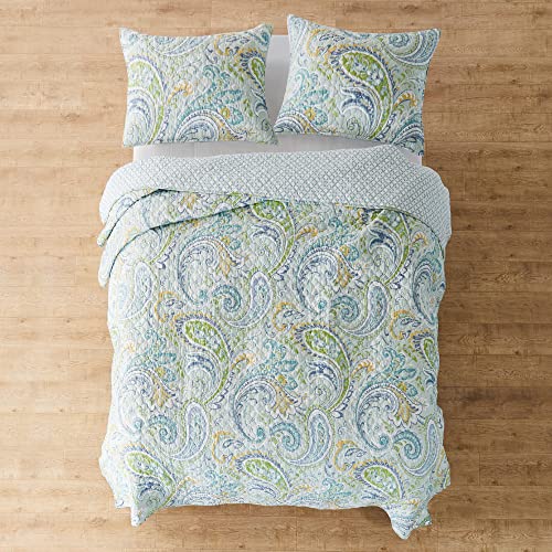 Levtex Home - Cortona Paisley Quilt Set - Full/Queen Quilt (88x92in.) + Two Standard Pillow Shams (26x20in.) - Paisley - Green, Yellow, Blue, and White - Reversible - Cotton Fabric