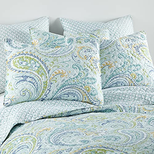 Levtex Home - Cortona Paisley Quilt Set - Full/Queen Quilt (88x92in.) + Two Standard Pillow Shams (26x20in.) - Paisley - Green, Yellow, Blue, and White - Reversible - Cotton Fabric