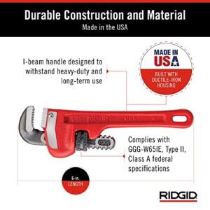 RIDGID 31000 Model 6 Heavy-Duty Plumbing Straight 6" Pipe Wrench, Red, Made in the USA