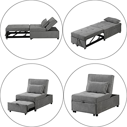 N B Sofa Bed, Convertible Chair 4 in 1 Multi-Function Folding Ottoman Modern Breathable Linen Guest Bed with Adjustable Sleeper for Small Room Apartment, Grey