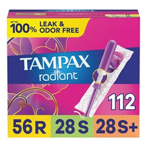 tampax radiant tampons multipack, regular/super/super plus absorbency, with leakguard braid, unscented, 28 count x 4 packs (112 count total)