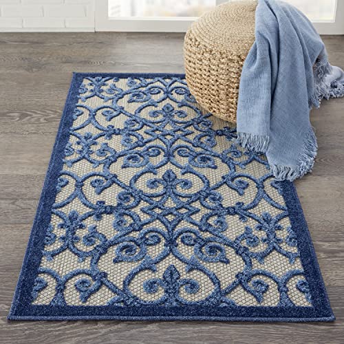 Nourison Aloha Indoor/Outdoor Grey/Blue 2'8" x 4' Area Rug, Transitional, French Country, Easy Cleaning, Non Shedding, Bed Room, Kitchen, Living Room, Deck, Backyard, (3' x 4')