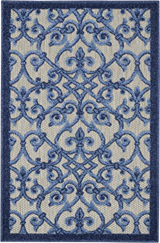 Nourison Aloha Indoor/Outdoor Grey/Blue 2'8" x 4' Area Rug, Transitional, French Country, Easy Cleaning, Non Shedding, Bed Room, Kitchen, Living Room, Deck, Backyard, (3' x 4')