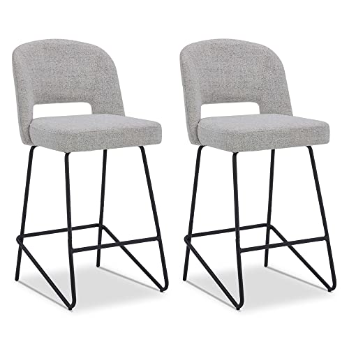 Watson & Whitely Modern Bar Stools, Fabric Upholstered Bar Stool with Back, Metal Legs in Matte Black, 26" H Seat Height, Set of 2, White (Multi-Colored)