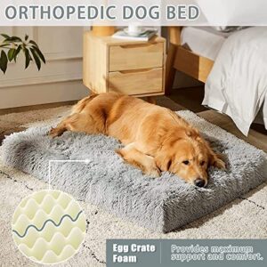 MIHIKK Orthopedic Dog Bed Luxurious Plush Washable Dog Beds with Removable Waterproof Cover Anti-Slip Egg Foam Pet Sleeping Mattress for Large, Jumbo, Medium, Small Dogs, 35 x 22 inch, Gray