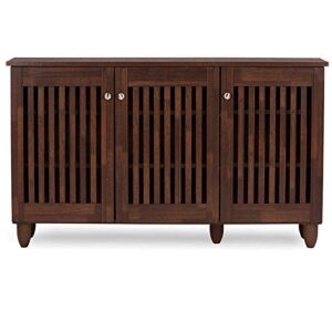 Baxton Studio Wholesale Interiors Fernanda Modern and Contemporary 3-Door Oak Brown Wooden Entryway Shoes Storage Wide Cabinet