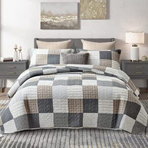 kaloola quilts queen size, 100% cotton queen quilt bedding set, farmhouse plaid quilt queen size, grey white black queen quilt for all seasons, 3 pieces