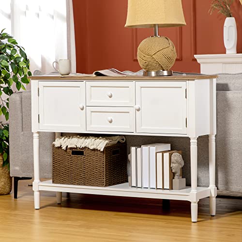 HOMCOM Vintage Console Table with 2 Drawers and Cabinets, Retro Sofa Table for Entryway, Living Room and Bedroom, White