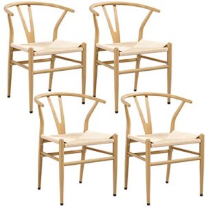 yaheetech set of 4 weave chair mid-century metal dining chair y-shaped backrest hemp seat, wood color