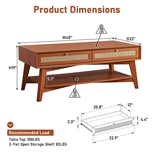 OKD 48" Coffee Table with Natural Rattan Drawers, Mid Century Modern 2-Tier Center Table with Open Storage Shelf, Boho Rectangular Wood Cocktail Table for Living Room, Cherry