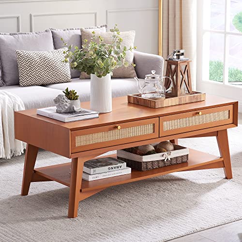 OKD 48" Coffee Table with Natural Rattan Drawers, Mid Century Modern 2-Tier Center Table with Open Storage Shelf, Boho Rectangular Wood Cocktail Table for Living Room, Cherry