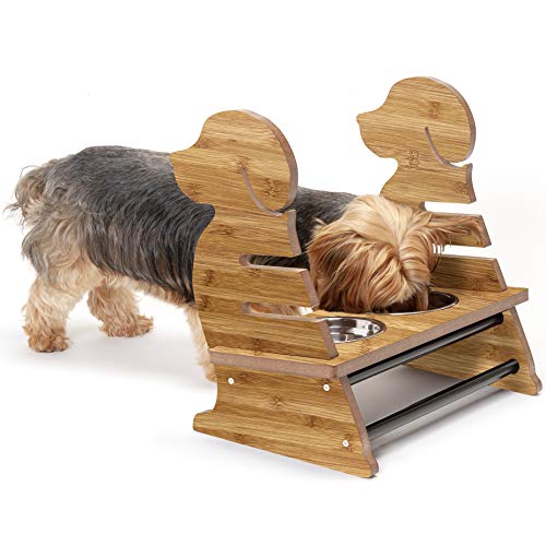 Furhaven Puppy Style Height Adjustable Feeder Stand w/ Food Bowls - Bamboo Veneer, Small