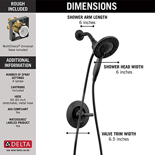 Delta Faucet Arvo 14 Series Single-Handle Shower Faucet, Shower Trim Kit with 4-Spray In2ition 2-in-1 Dual Hand Held Shower Head with Hose, Matte Black 142840-BL-I (Valve Included)